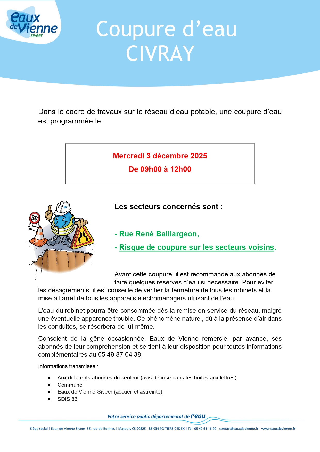 Avis de coupure d'eau - 3 décembre - Civray (86)